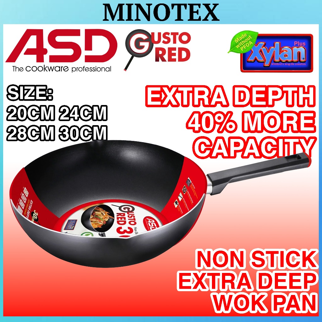 ASD Gusto Red Non-Stick Deep Wok Pan – Extra Deep, Xylan Plus Coating ...