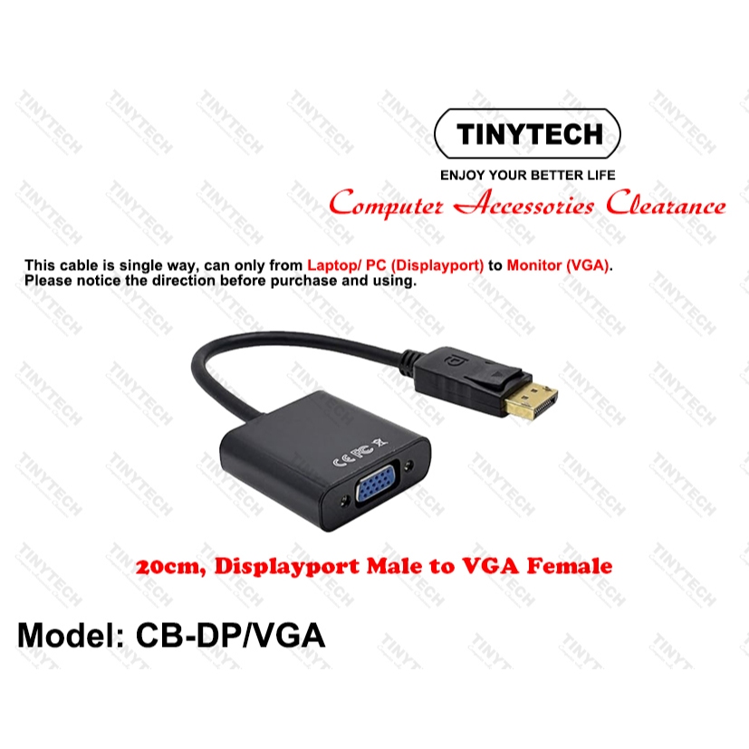TINYTECH CB-DP/VGA DISPLAYPORT MALE LAPTOP/ PC TO VGA FEMALE MONITOR CONVERTOR/ CABLE (20CM ...