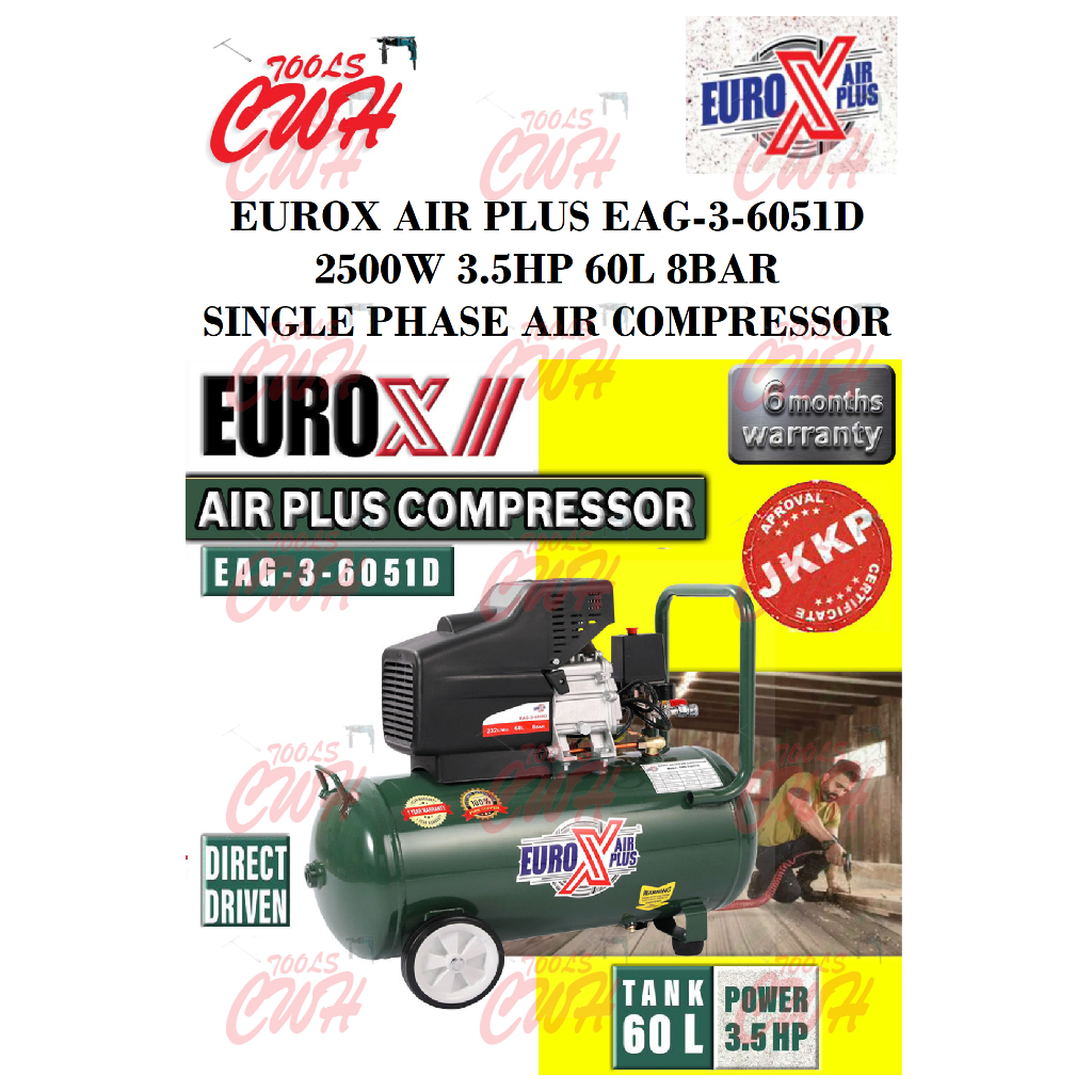 EUROX AIR PLUS EAG-3-6051D 3.5HP 60L 8BAR DIRECT DRIVEN AIR COMPRESSOR PEMAMPAT KOMPRESSOR ANGIN ...