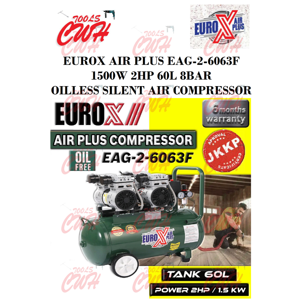 EUROX AIR PLUS EAG-2-6063F EAG-3-10063F 2HP 60L 3HP 100L OILLESS OIL FREE SILENT AIR COMPRESSOR ...