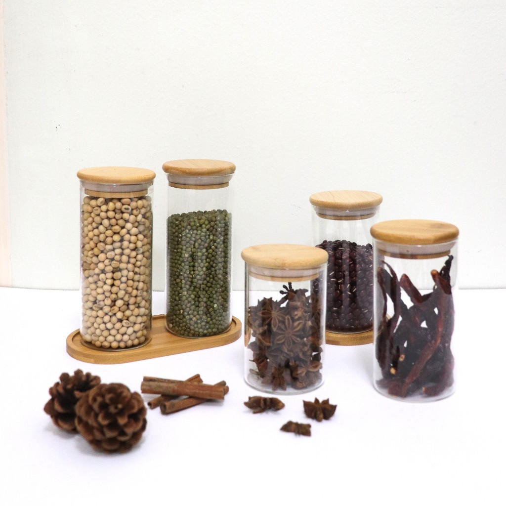 Glass Storage Jar Bamboo Lid Kitchen Container | Shopee Malaysia