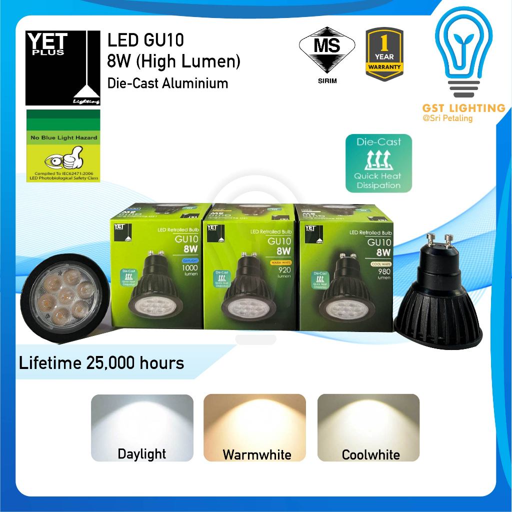 YETPLUS 8W LED GU10 Bulb Die-Cast Aluminum Material | 3000K /4000K /6500K / 3C Memory | High ...