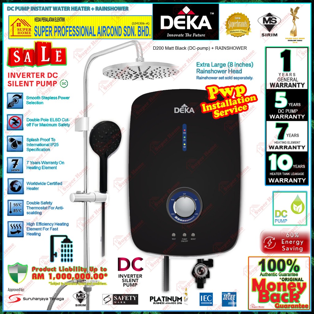 Deka Water Heater D200 MB Matt Black ((DC Inverter Silent Pump)) Pwp Rain Shower set RS10 ...
