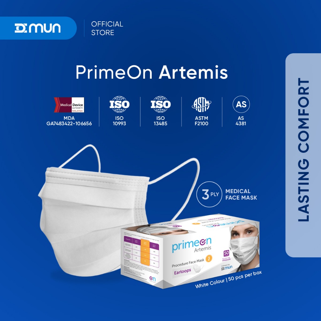 MUN PrimeOn 3-ply Medical Grade Face Mask 50pcs (White) [Large ...