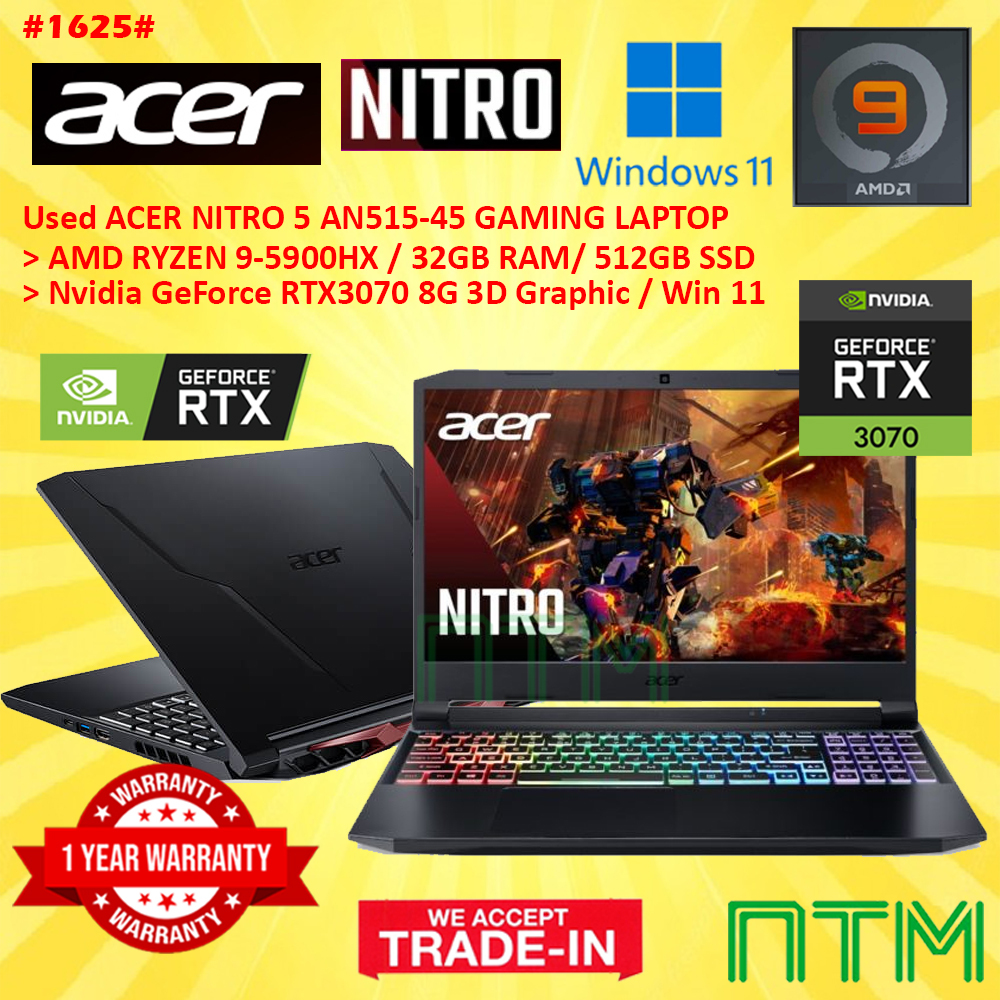 #1625 USED R9 ACER NITRO 5 RYZEN 9-5900HX 32GB 512GB RTX 3070 8G 15.6 ...