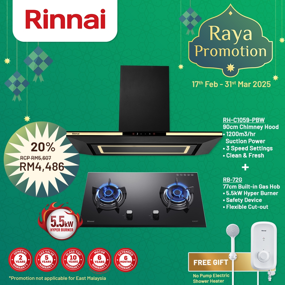 Rinnai Cooker Hood (90cm) RH-C1059-PBW + Built-in Gas Hob (77cm) RB-72G | Shopee Malaysia