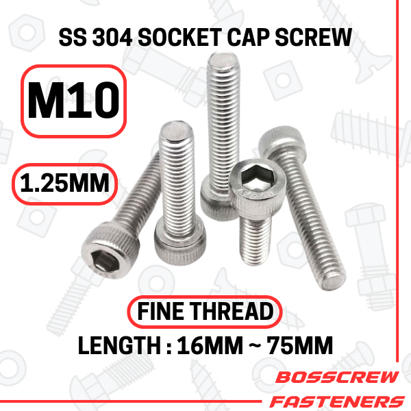 SS 304 Socket Cap Screw m10 x (16mm ~ 75mm) (1.25mm Pitch) (Fine Thread ...