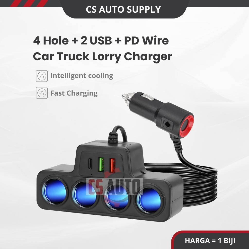 12V 24V 4 Hole + 2 USB + PD Wire Charger Four Cigarette Socket Car ...