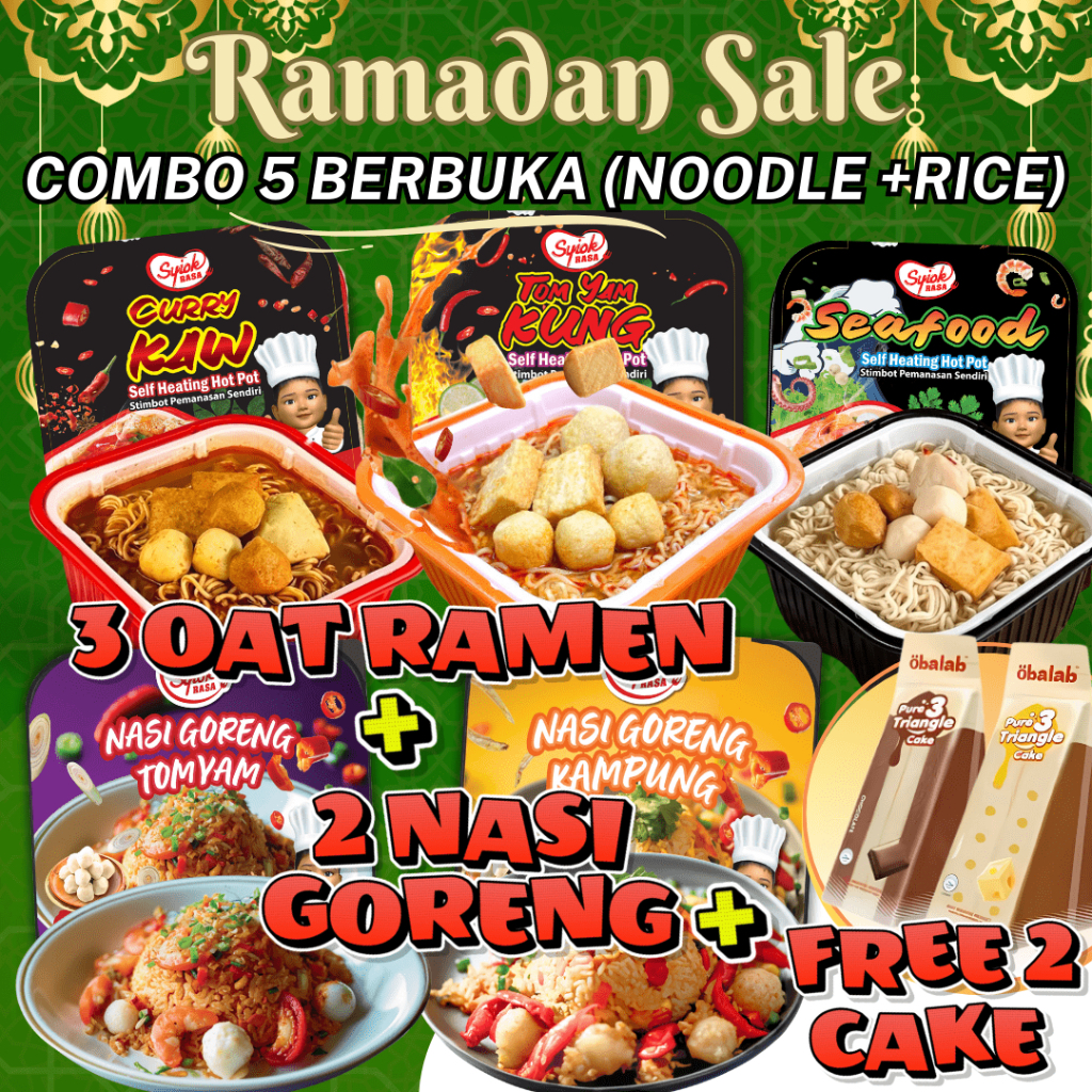 [COMBO 5PCS OAT RAMEN+NASI GORENG+FREE 2 CAKE] Syiok Rasa TomYam/Curry ...