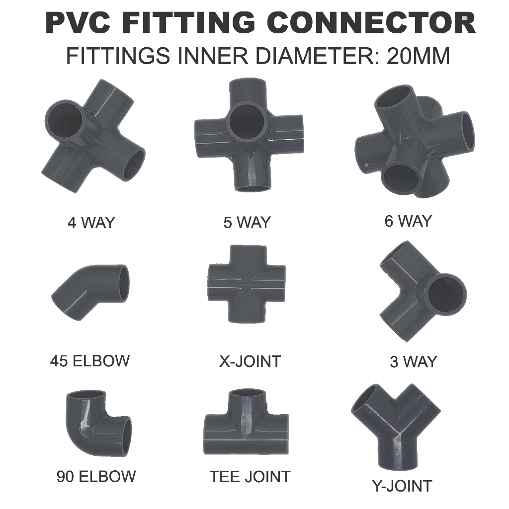 PVC FITTING inner diameter 20mm, 3,4,5,6 Way, 45 & 90 Elbow, T, X, Y ...