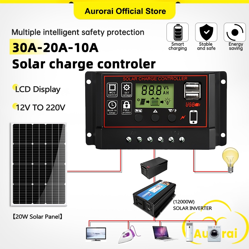 Solar Charge Controller 10A/20A/30A 12V/24V Universal AUTO Battery Charger Regulator with LCD ...