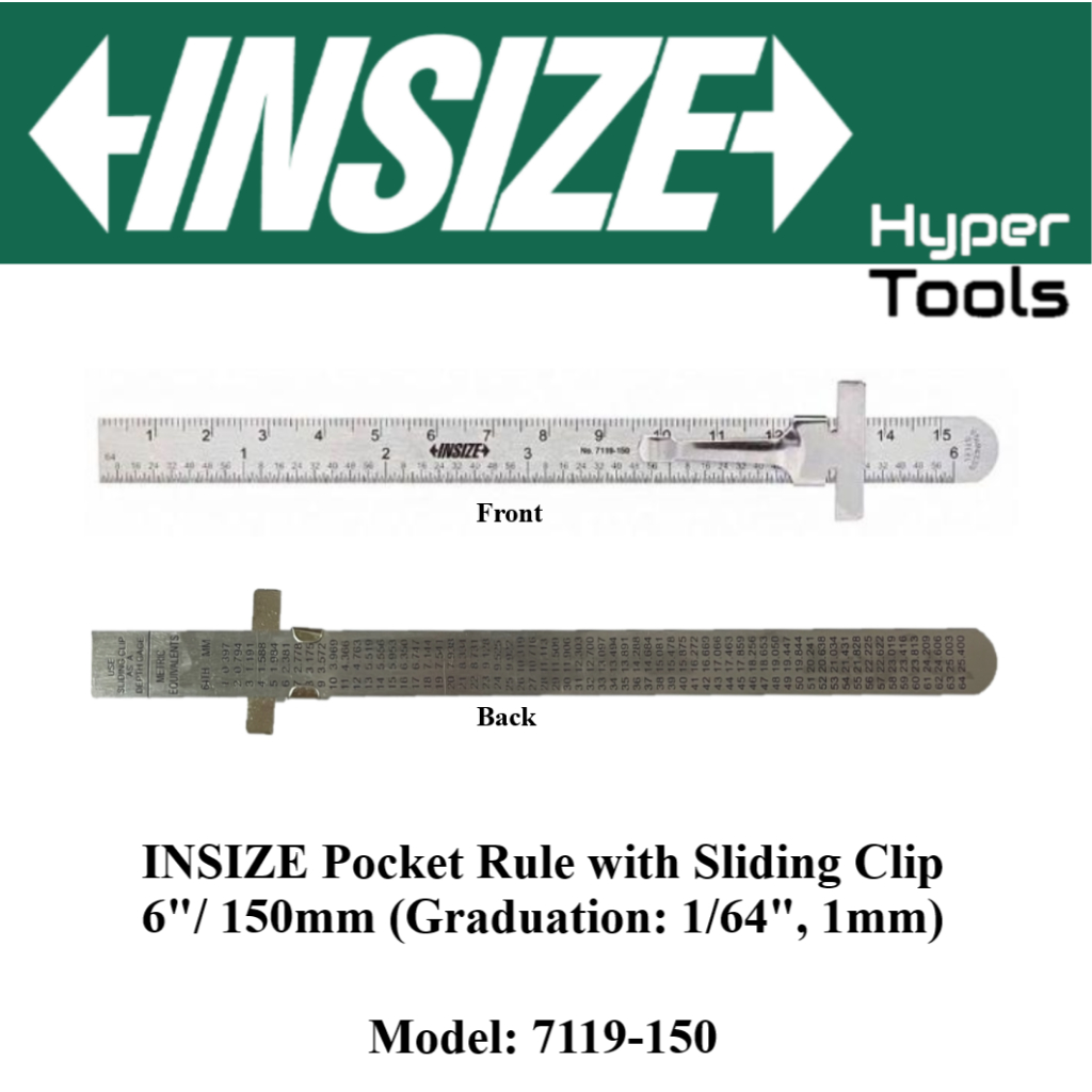 INSIZE Pocket Rule with Sliding Clip 6"/ 150mm (Graduation: 1/64", 1mm ...