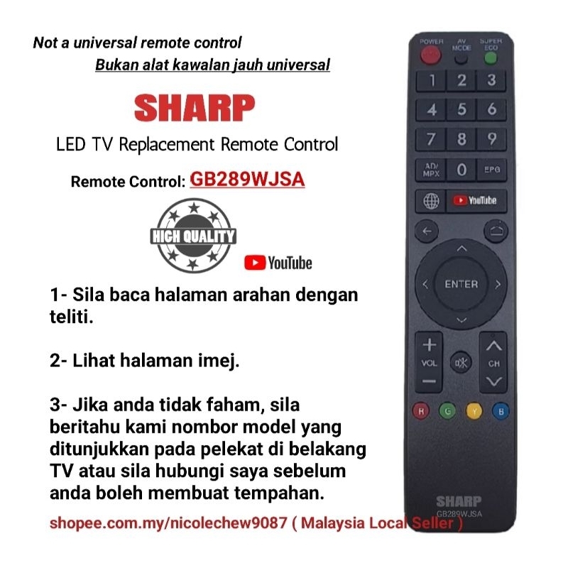 Sharp GB289WJSA Flat Panel Smart TV Replacement Remote Control With ...