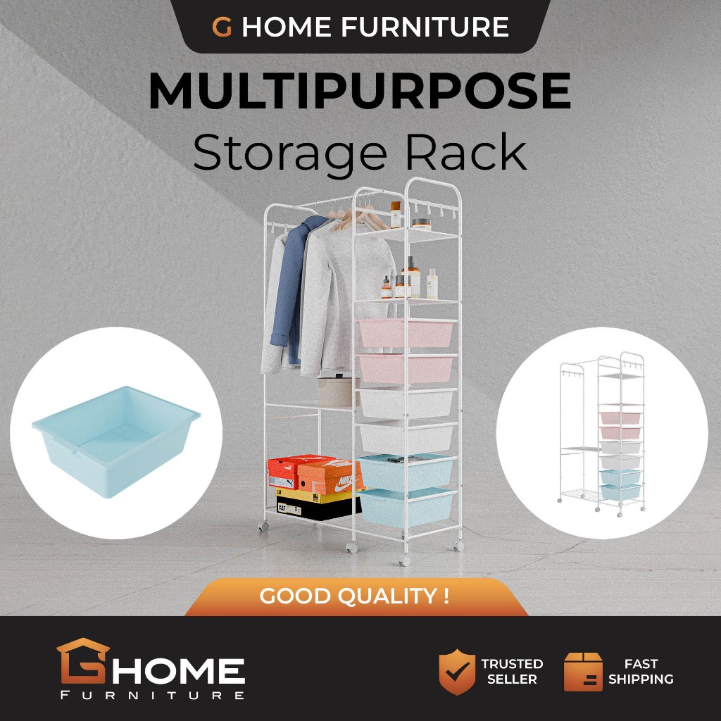 GHOME MULTIPURPOSE RACK TROLLEY CLOTH HANGER 6 TIER METAL PLASTIC ...