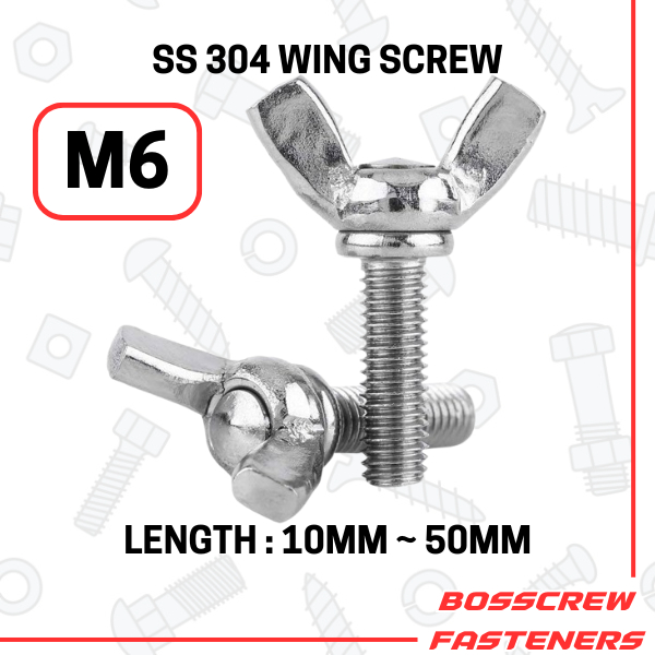 SS 304 Wing Screw m6 x (10mm ~ 50mm) (Pitch 1.0mm) (Coarse Thread ...