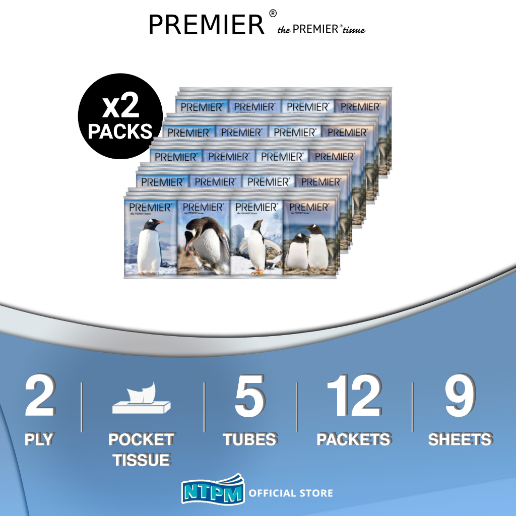 Premier Penguin Pocket Tissue 5 in 1 2 PLY (9's x 12 Packets x 5 Tube ...