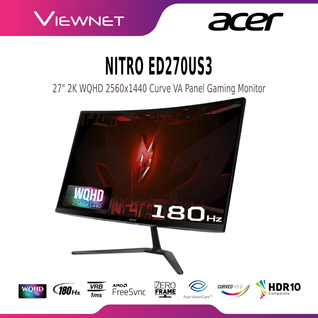 ACER 27" NITRO ED270US3 / ED270U S3 WQHD 2K (2560x1440P@180HZ) LED ...