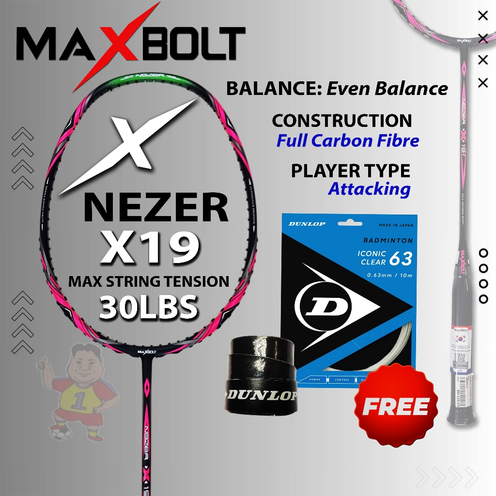 Maxbolt Badminton Racket Nezer X19 Pink Max Tension 30 lbs (Free String ...