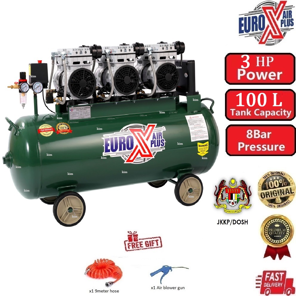 EUROX AIR PLUS EAG-3-10063F Oil Free SIlent Air Compressor 3HP 100L 8Bar (With JKKP Cert ...