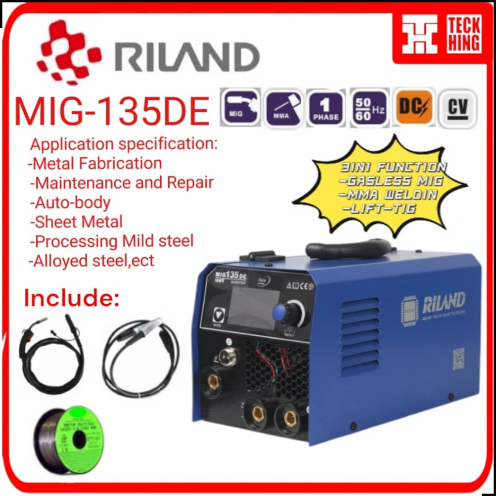 Riland MIG 135DE 3IN1 MIG/MMA Gasless Welding Machine Flux Core Inverter Welder Set Mesin IGBT ...