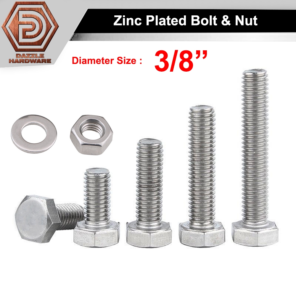 [ 1 unit = 1 set ] 3/8" Zinc plated bolt and nut and flat washer Gi ...