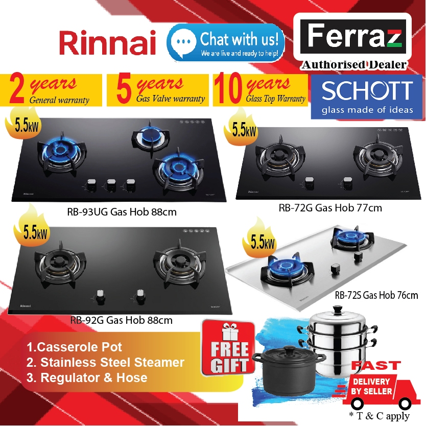 Rinnai RB-93UG 3 Burner Gas Hob / Rinnai RB-92G / RB-72G / RB-72S Gas Hob 5.5Kw Build-in 2 ...