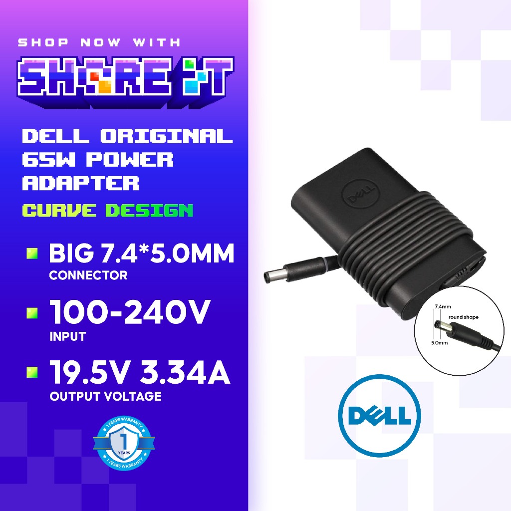 DELL ORIGINAL 65W 19.5V 3.34A (CURVE DESIGN) CONNECTOR: BIG 7.4*5.0MM ...