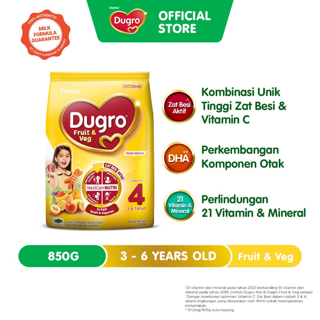 Dumex Dugro Step 4 Fruit & Veg Growing Up Milk Formula 3-6 years (850g ...