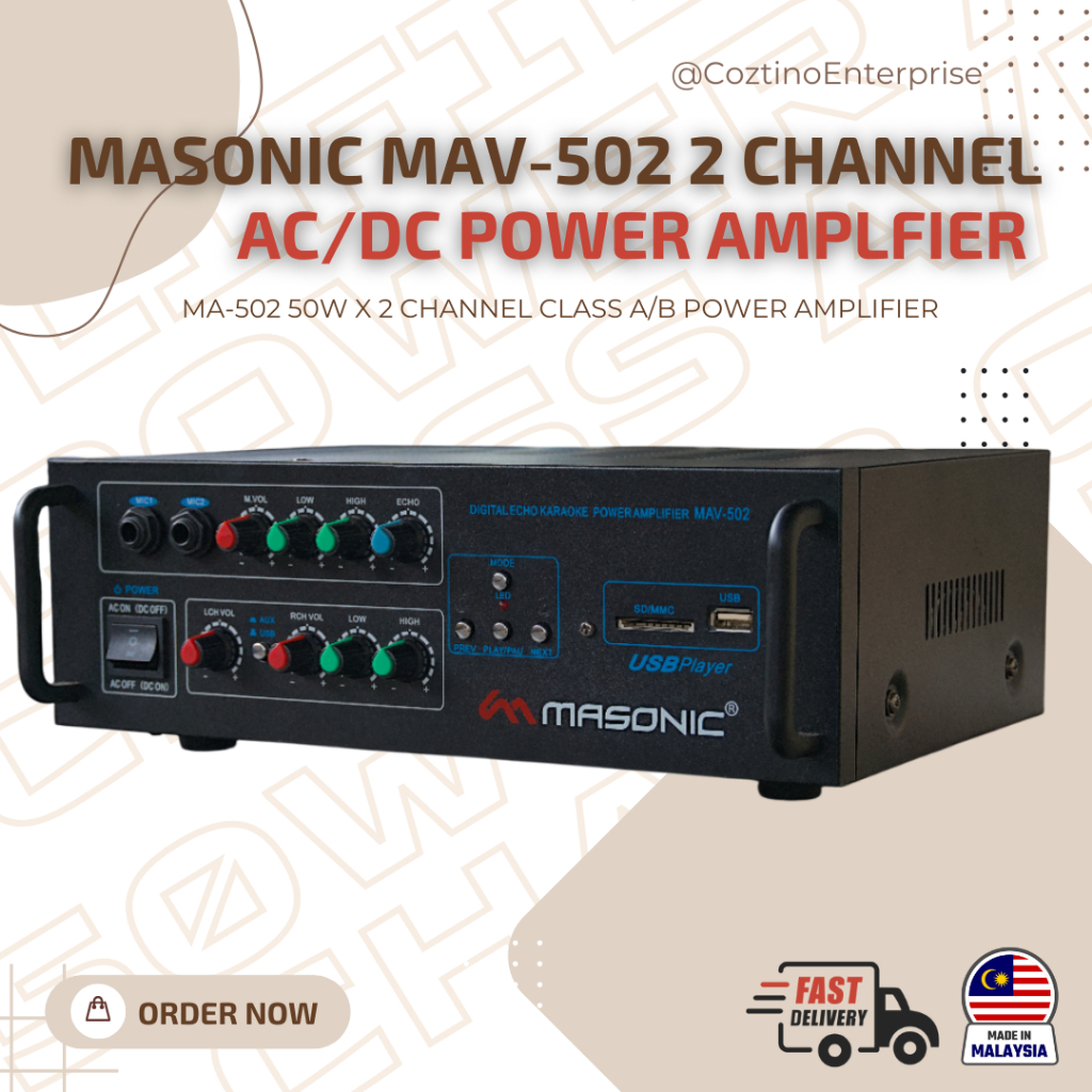 Masonic MAV-502 AC/DC Powered 2-Channel Power Amplifier | Dual ...