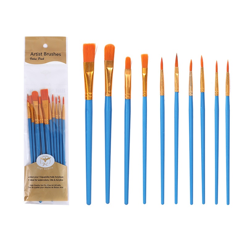 10 Pcs Nylon Watercolour Gouache Paint Brushes Flat Round Tip Brushes ...