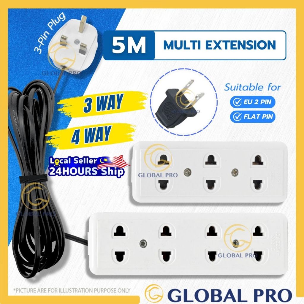 5 MTR 3 Way/4 Way 2-Pin Plug Socket Extension Plug Wayar Extension ...