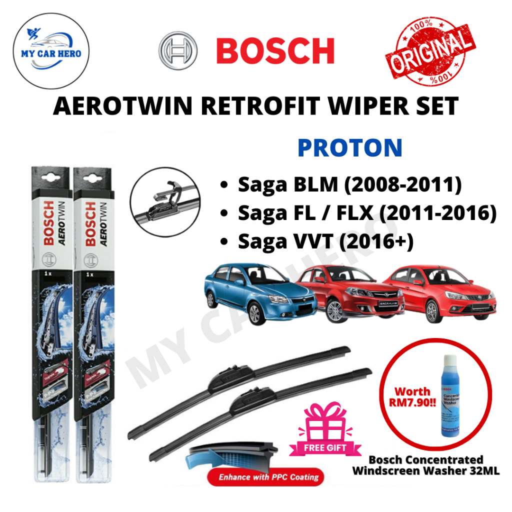 BOSCH Aerotwin Retrofit U Hook Wiper Set for Proton Saga BLM / FL / FLX / VVT (Year 2008-Present ...