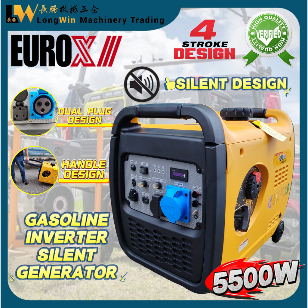 EUROX/// JI6502 4-Stroke Design Portable Gasoline Silent Inverter Generator 5500W Recoil ...