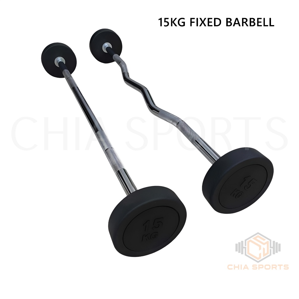 Rubber Fixed Barbell Weight 15kg Pre-loaded Weighted Curl Bar Strength ...