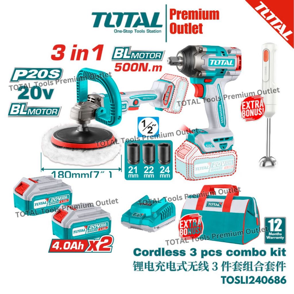TOTAL Tools 20V Super COMBO set, Cordless 500Nm Impact wrench, Polisher ...