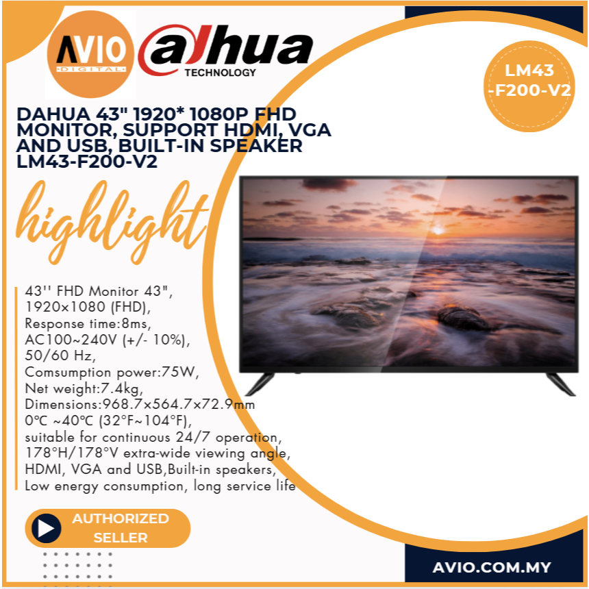 Dahua 43'' 43 Inch FHD LED Monitor 8ms Respond VGA HDMI USB Port ...