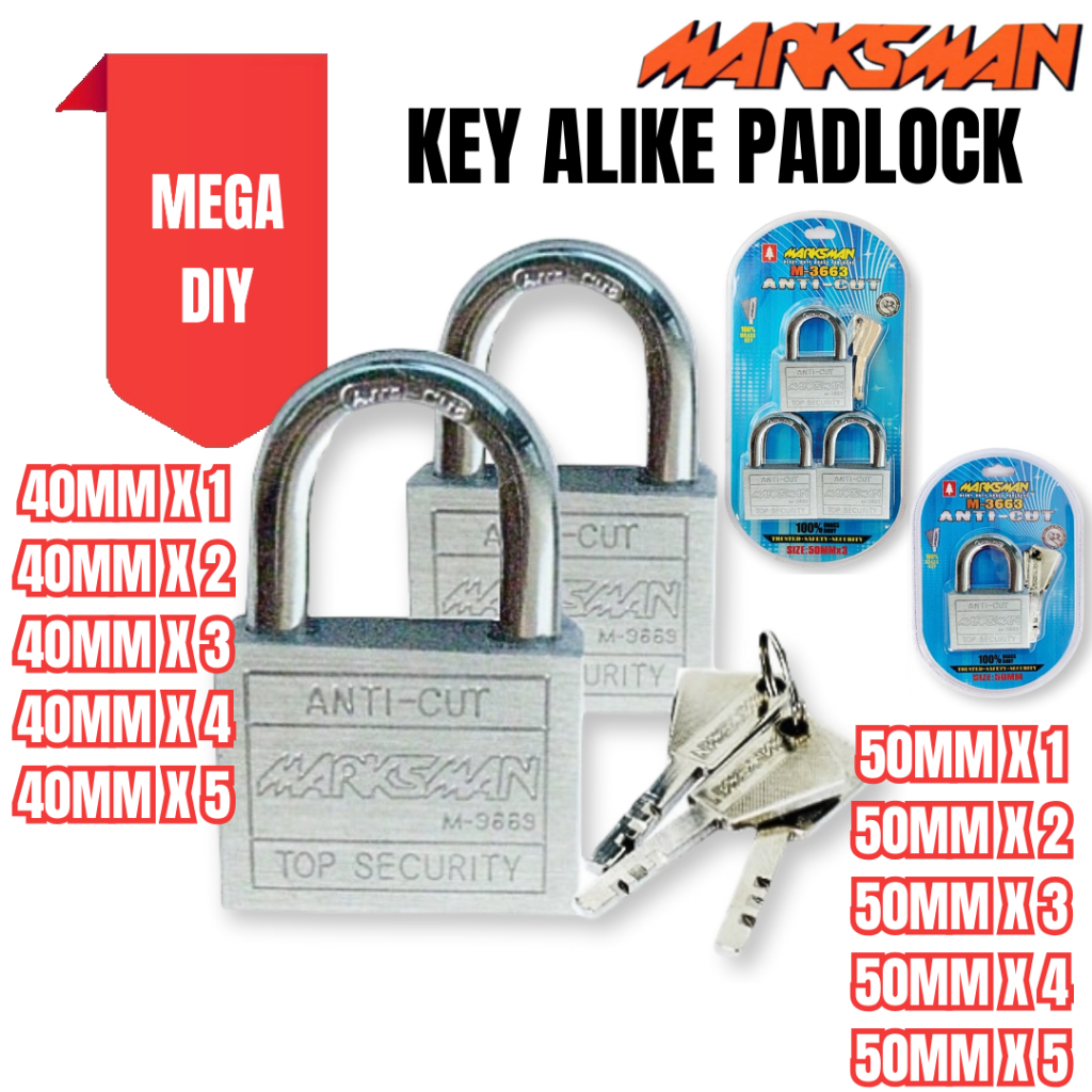 MARKSMAN HEAVY DUTY PADLOCK 40MM/50MM Anti-Cut Keyalike Padlock Brass ...