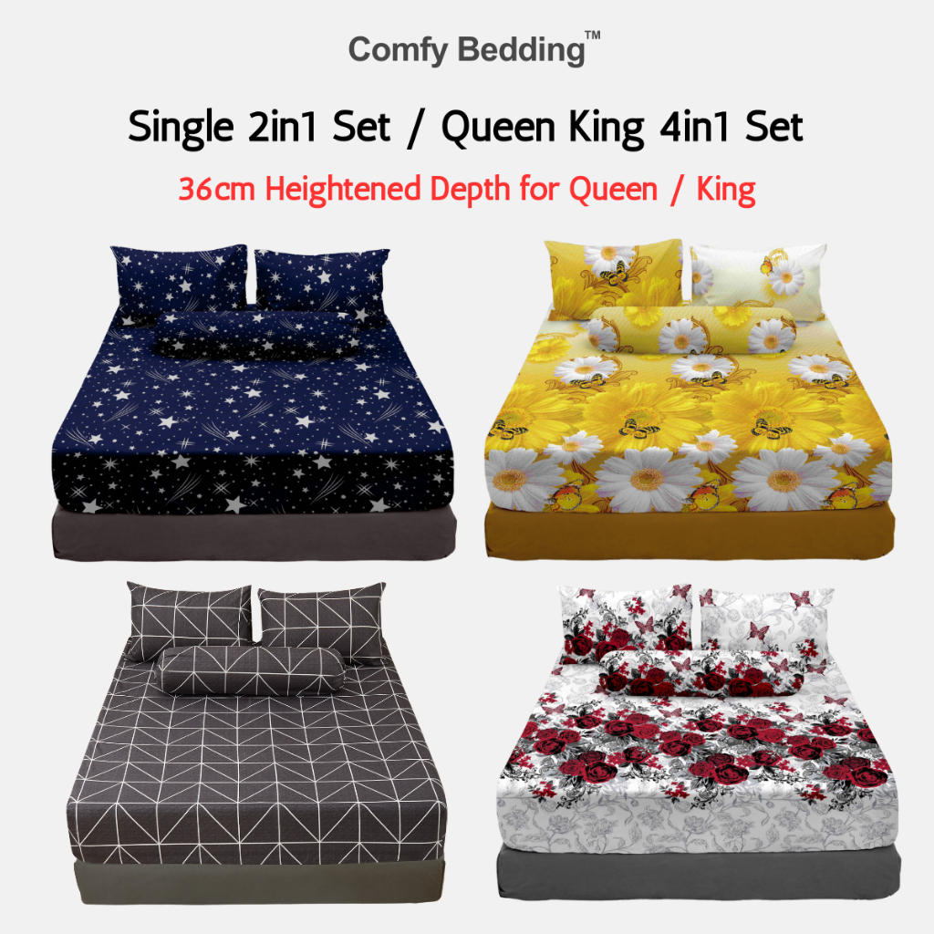 Premium Bed Sheet 4in1 Queen King / 2in1 Single Size Bedding Bedsheet ...
