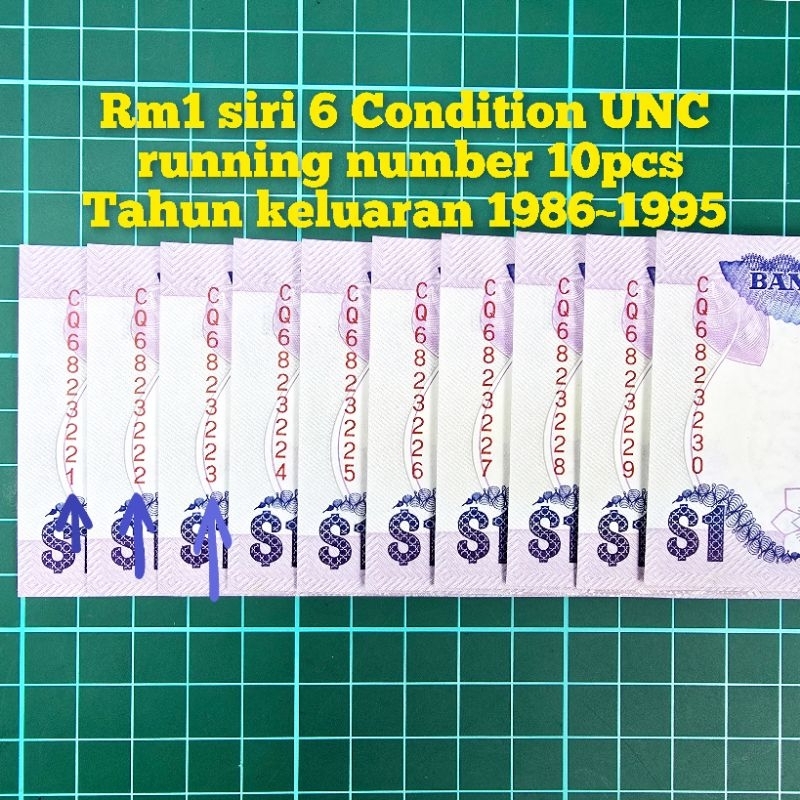 (A241) rm1 siri 6 nombor siri berturutan 10 keping duit kertas lama duit syiling lama barang ...