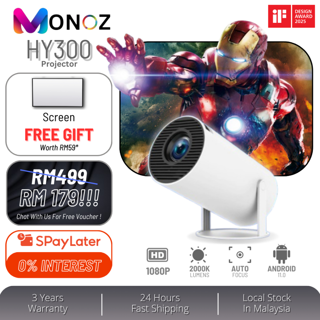 MONOZ HY300 Portable Projector 4K Home Cinema Android 11 Projector ...