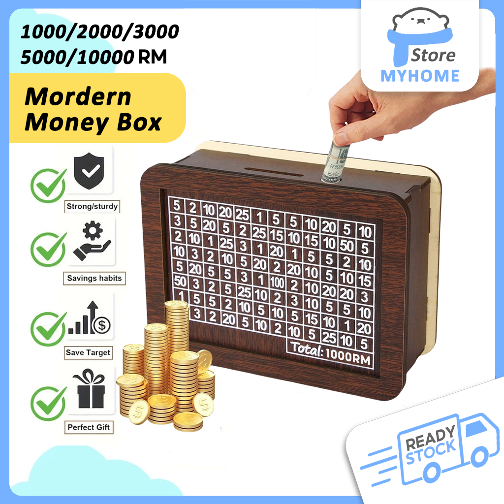 𝗠𝗬𝗛𝗢𝗠𝗘 Money Saving Box Wood Money Bank with number on the box Tabung ...