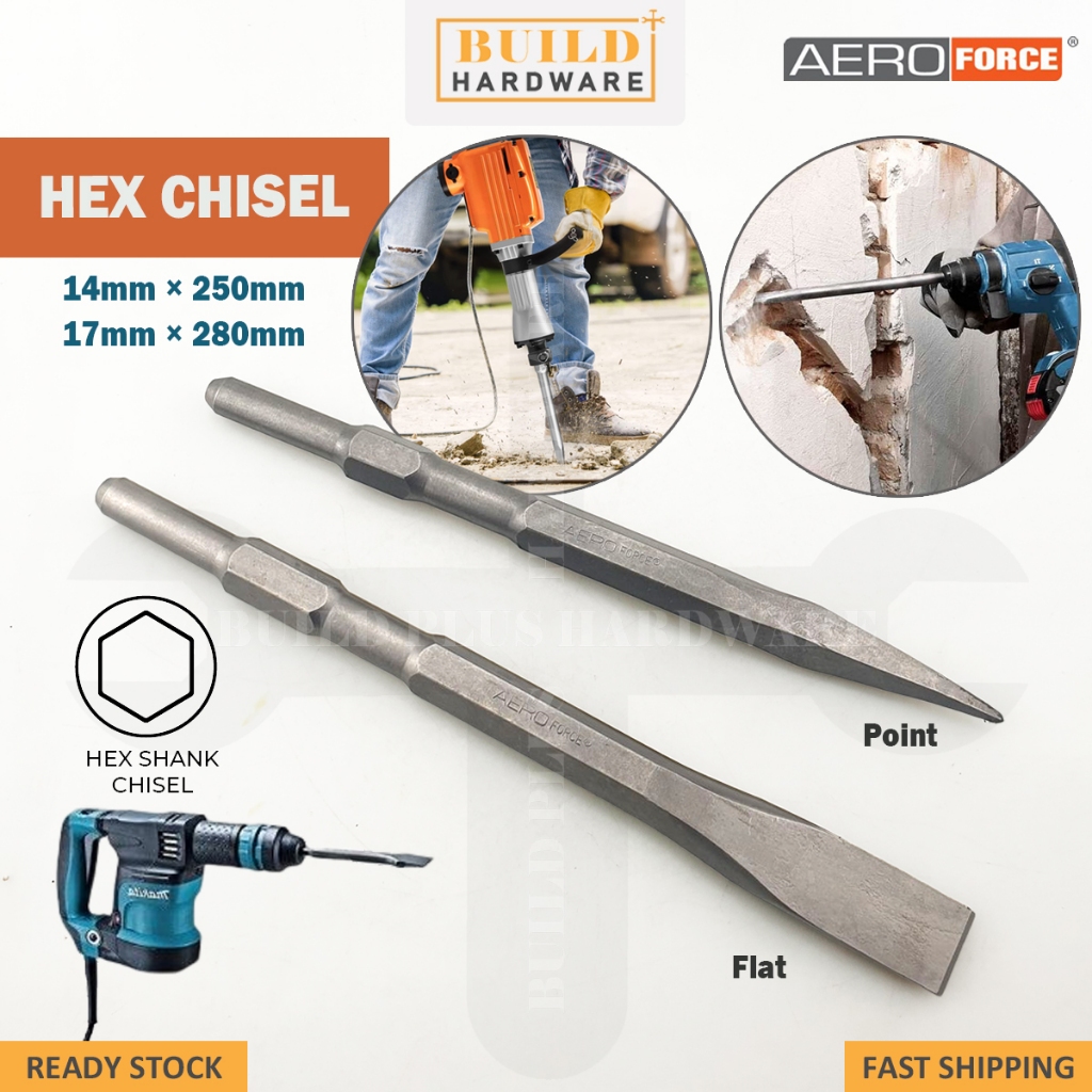 AeroForce Hex Shank Chisel SDS Bull Point (Flat / Point) Hex Head Electric Demolition Hammer ...