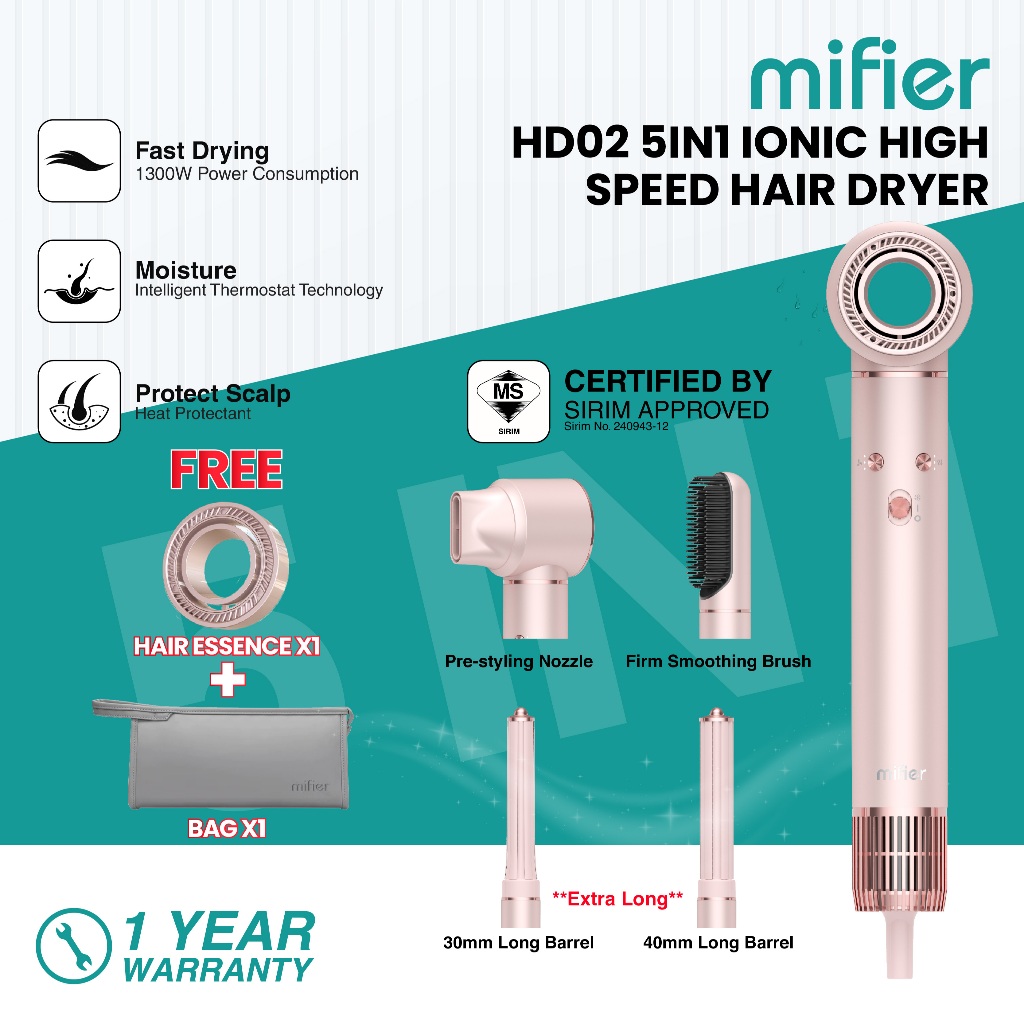 Mifier HD02 PRO PINK 5 in 1 High Speed Hair Dryer Negative Ionic Blow ...