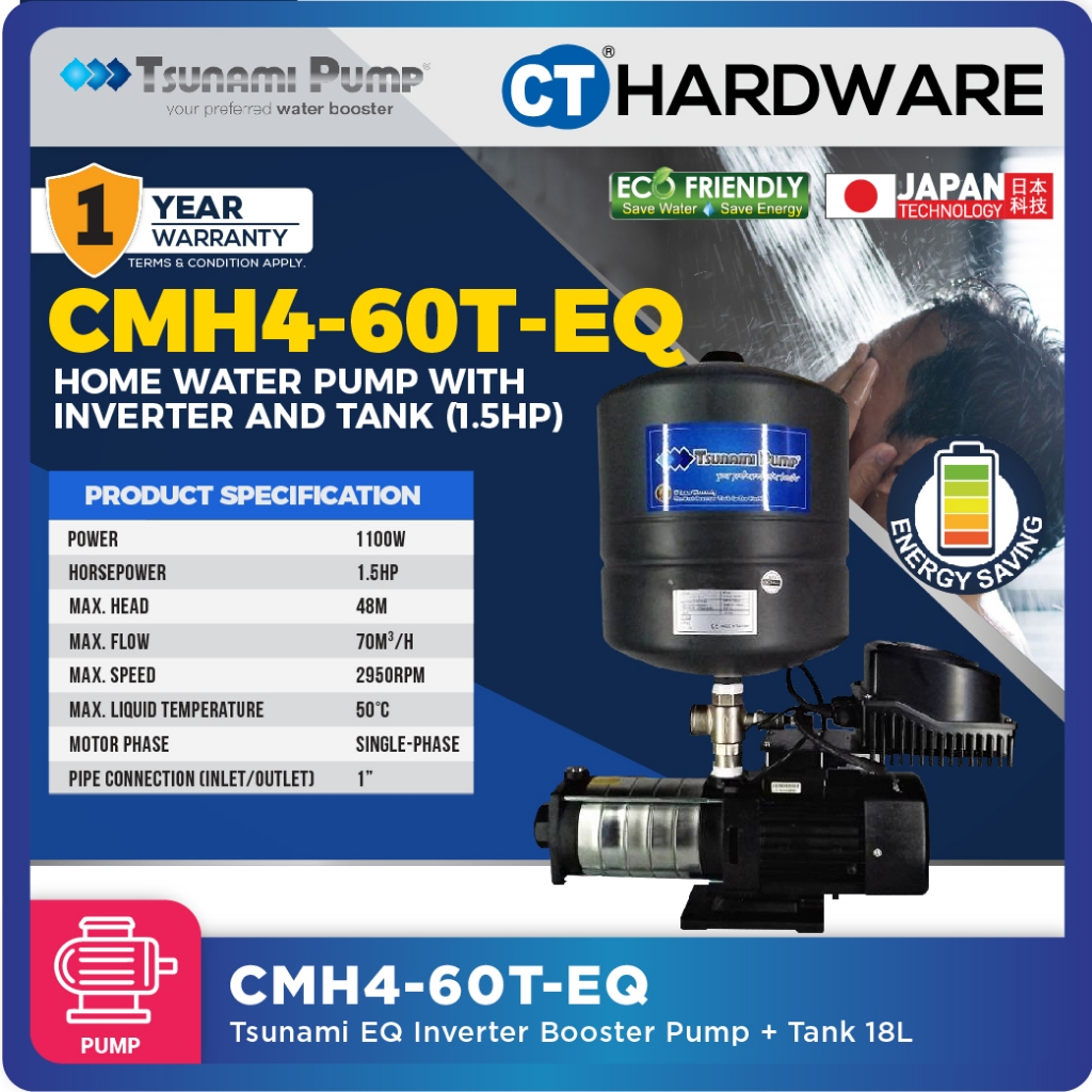 TSUNAMI CMH4-60T-EQ INVERTER BOOSTER PUMP COME WITH TANK 18L 1.5HP ...