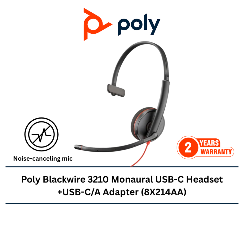 Poly Blackwire 3210 Monaural USB-C Headset +USB-C/A Adapter dengan ...