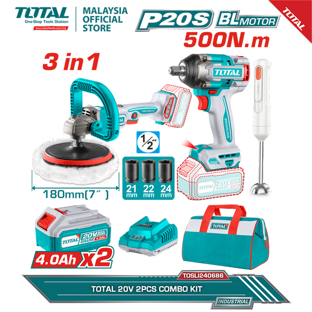 TOTAL 20V 2 pcs Combo Kit with 500nm Impact Wrench & Angle Polisher ...
