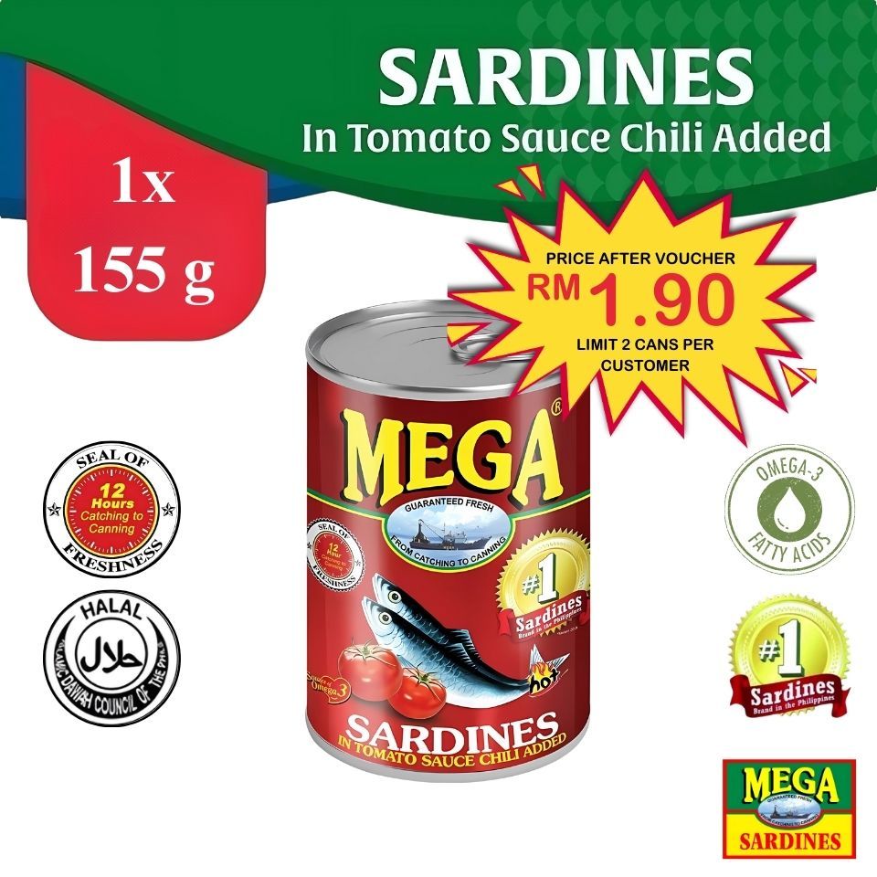 Mega Sardines Ikan Sardin Tin in Tomato Sauce Chili Added 155G Cili ...