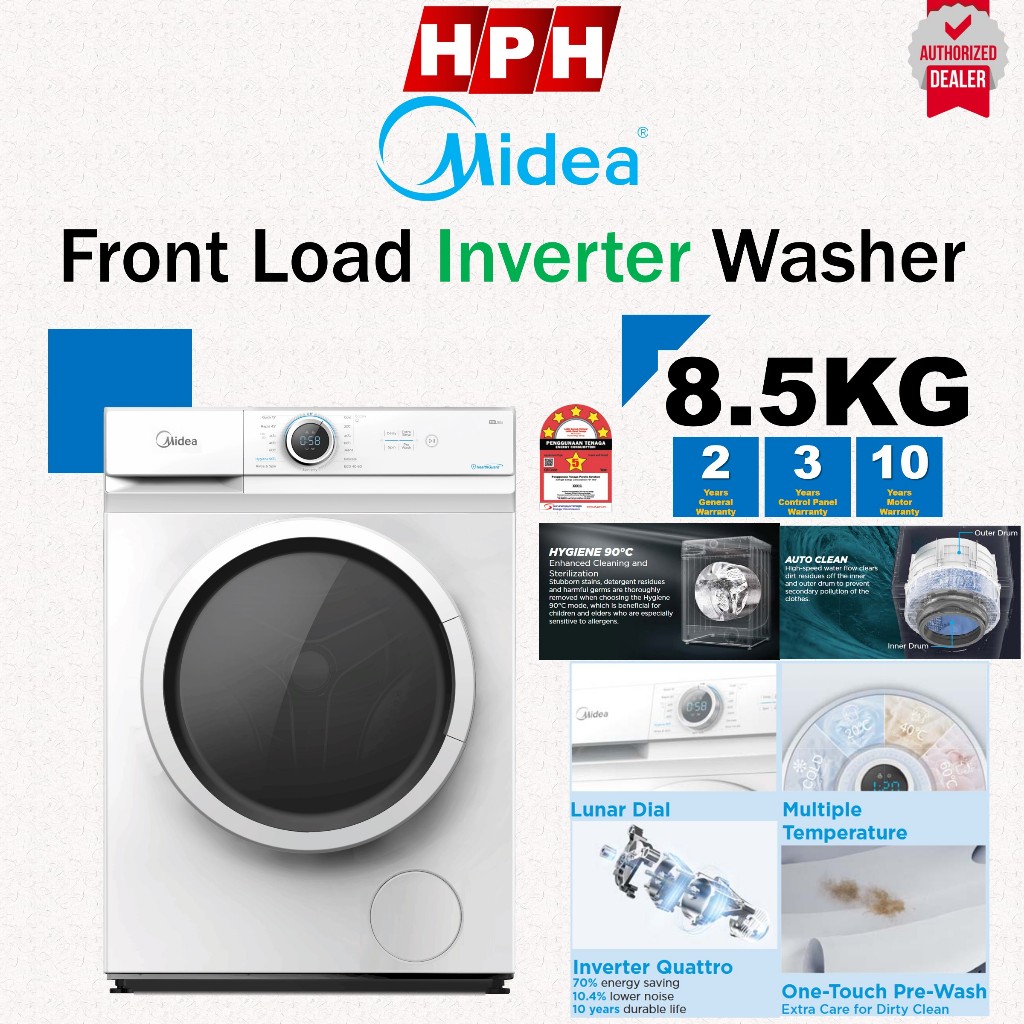 Midea 8.5kg Front Load Inverter Washing Machine MF100W85 MF100W85B ...