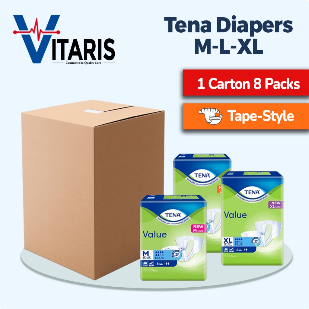 Tena Value Adult Tape Diapers (1 Carton 8 Packs) - Size M (10x8) / L (8x8) / XL (8x8) | Shopee ...