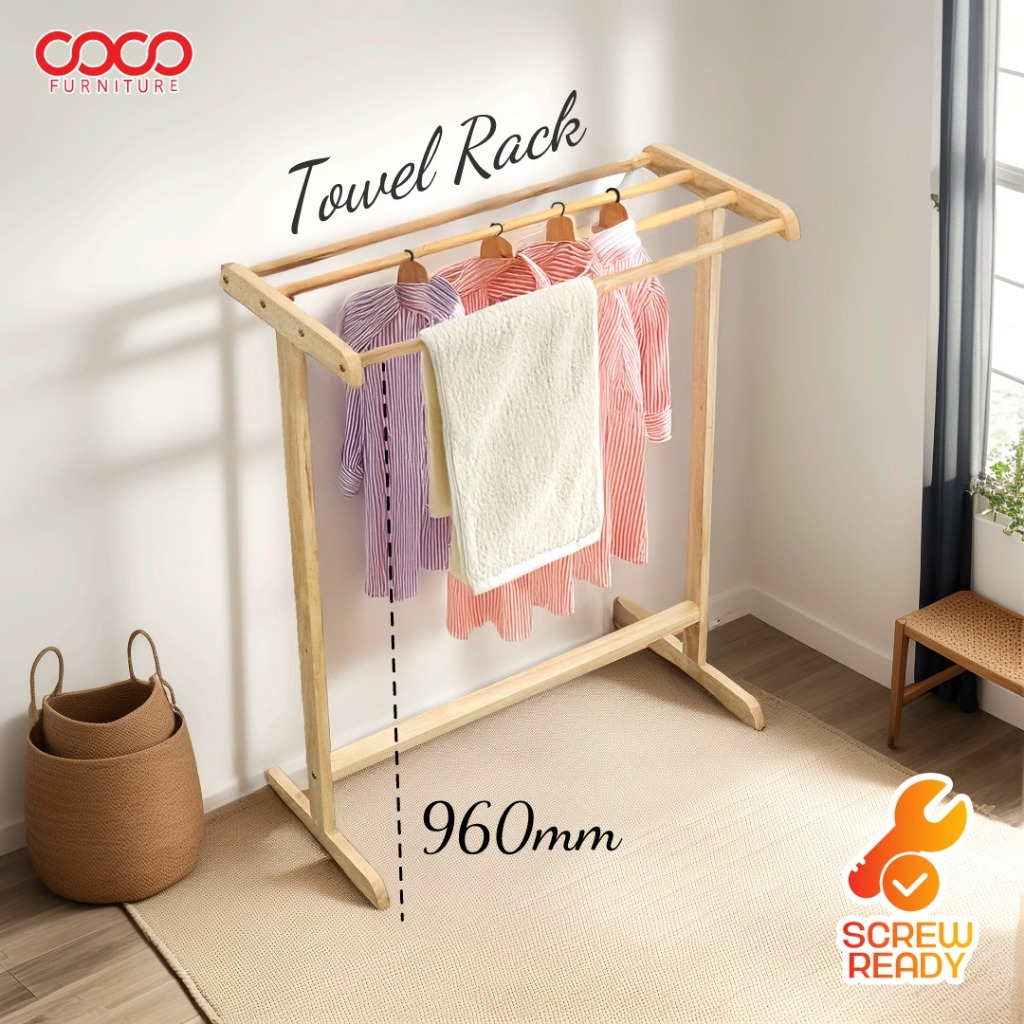 Solid Wooden Towel Rack/100% Kayu Getah/Rak Tuala Kayu Pepejal/Penyidai ...